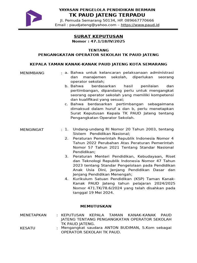 SK Pengangkatan Operator Sekolah PAUD | PDF