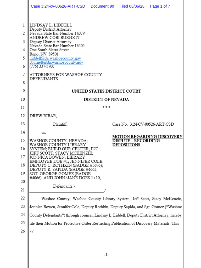 Drew Ribar vs. Washoe County Discovery Motion | PDF | Deposition (Law ...