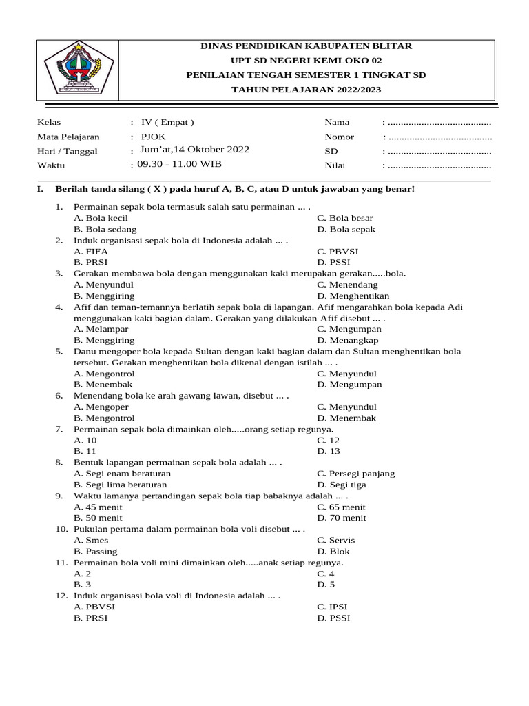 Soal PTS Kelas 4 PJOK | PDF