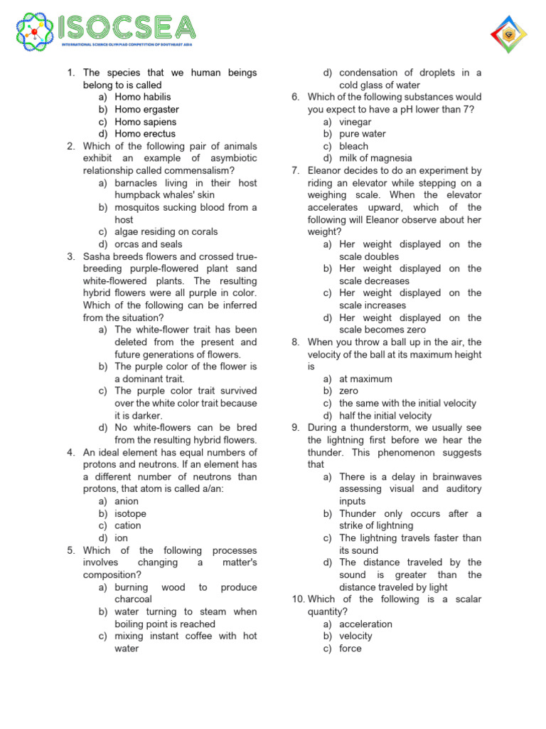 ISOCSEA (Sample Questions) | PDF | Electromagnetic Spectrum | Stars