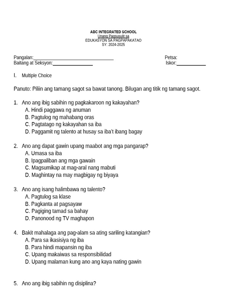 Grade 2 ESP Exam | PDF