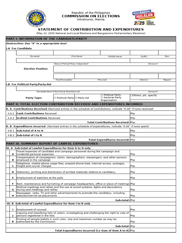 2025 NLE BPE SOCE FORM Page1 | PDF | Political Events | Elections