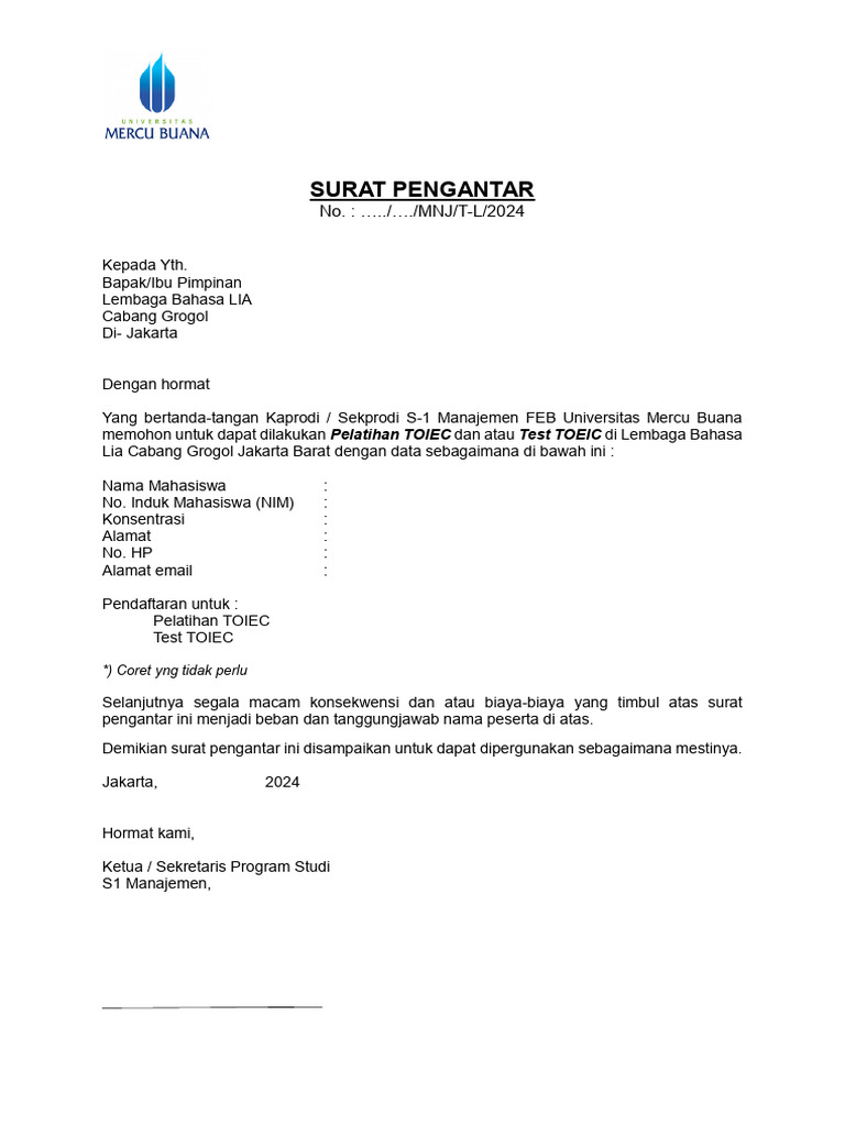 Surat Pengantar Toiec Fix | PDF
