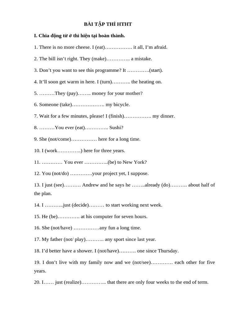 BÀI TẬP THÌ HTHT | PDF