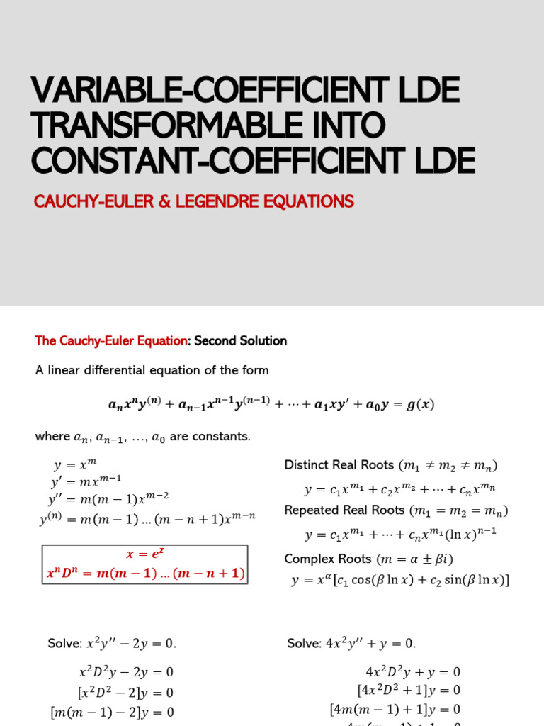 Variable To Constant Coefficient LDEs Cauchy Euler Legendre Linear Equations | PDF | Algebra ...