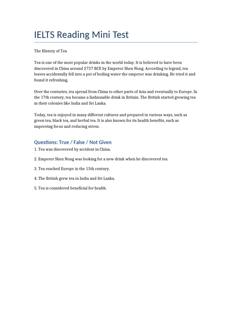 IELTS Reading Mini Test | PDF
