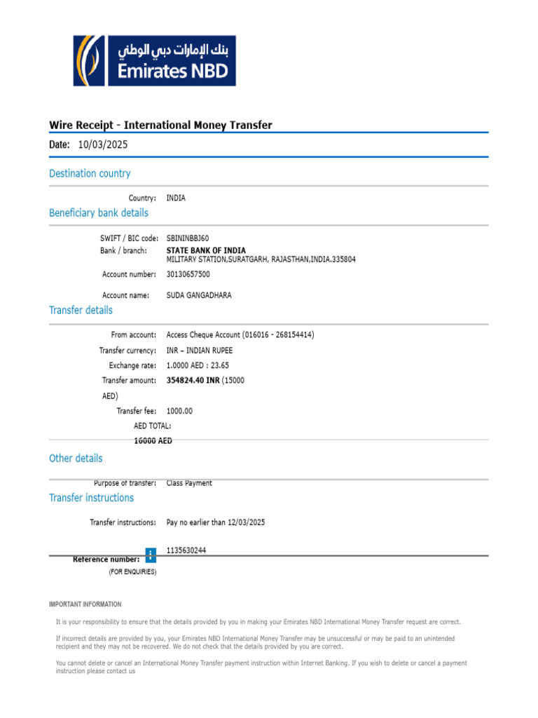 Money Transfer Receipt | PDF