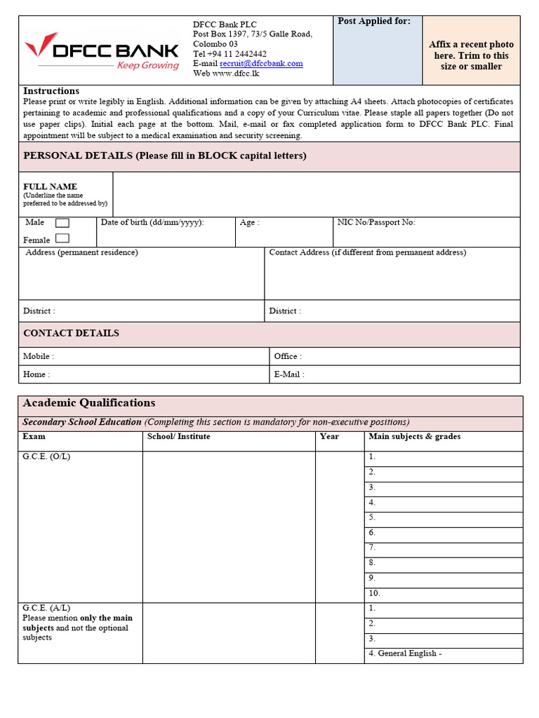 DFCC Application Fillable PDF | PDF | Educational Stages