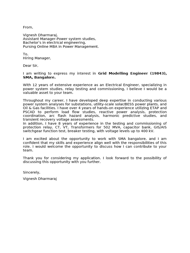 Cover Letter Vignesh Dharmaraj-Power System Study | PDF
