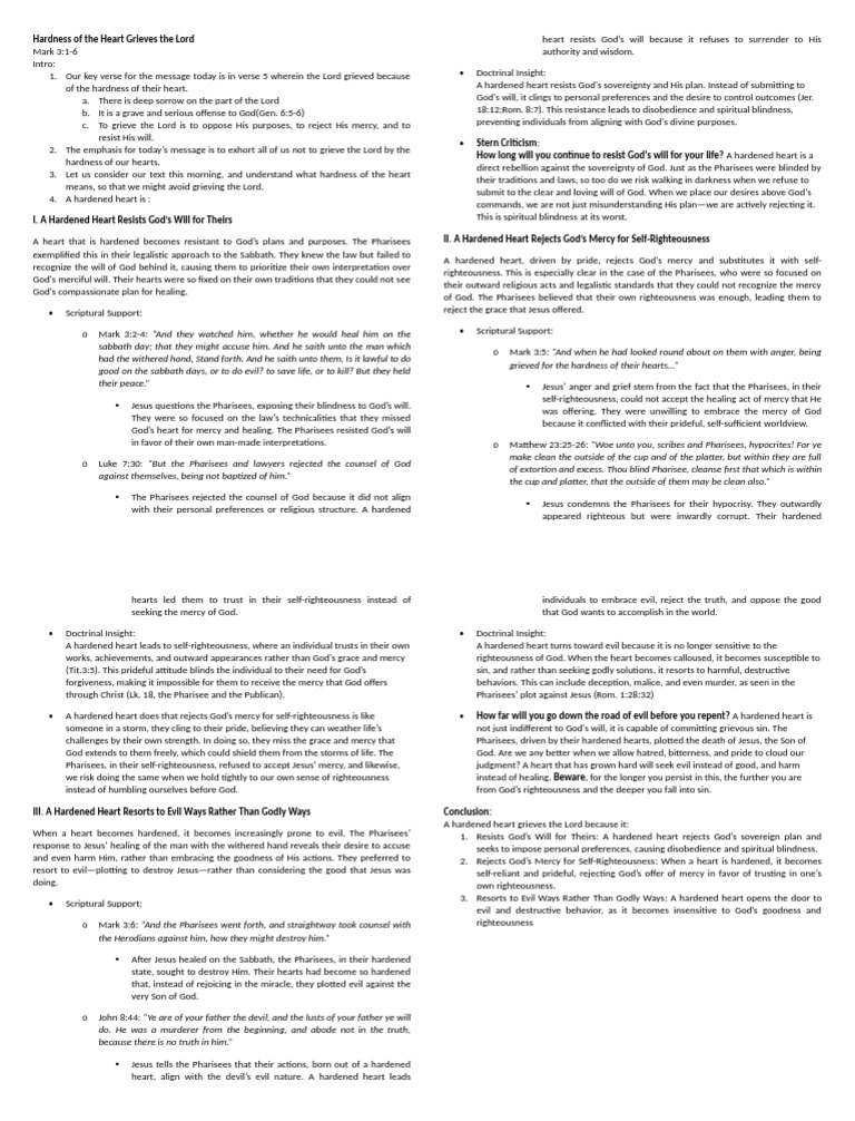 Hardness of The Heart Grieves The Lord | PDF | Jesus | Pharisees
