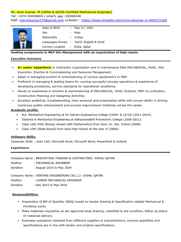 CV-ARUN (QCDD&UPDA Mech Engr) | PDF | Specification (Technical Standard)