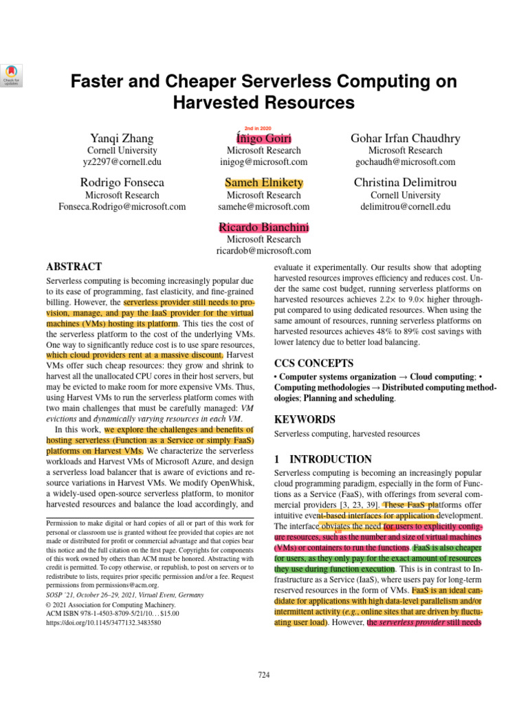 2021-SOSP-Faster and Cheaper Serverless Computing On Harvested Resources-1.5 | PDF | Virtual ...