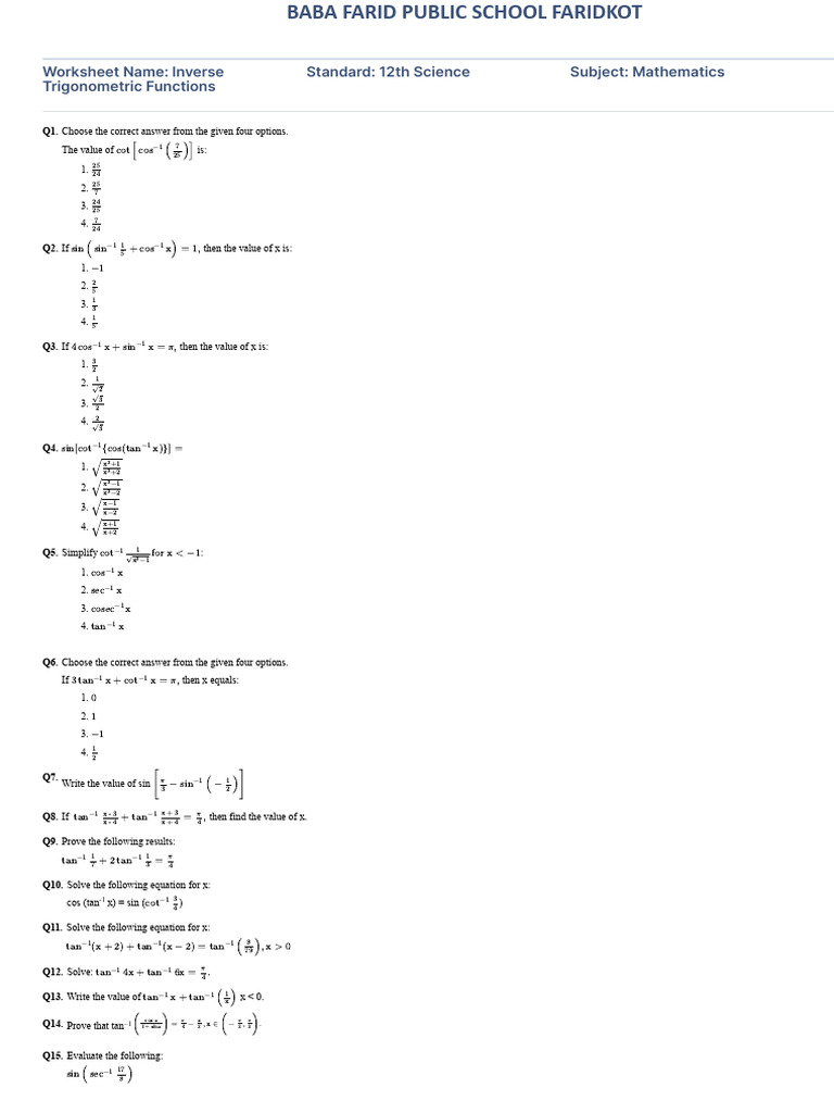 Inverse Trigonometry Function Pdf Trigonometry Geometry