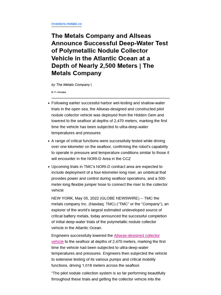 The Metals Company and Allseas Announce Successful Deep-Water Test of ...