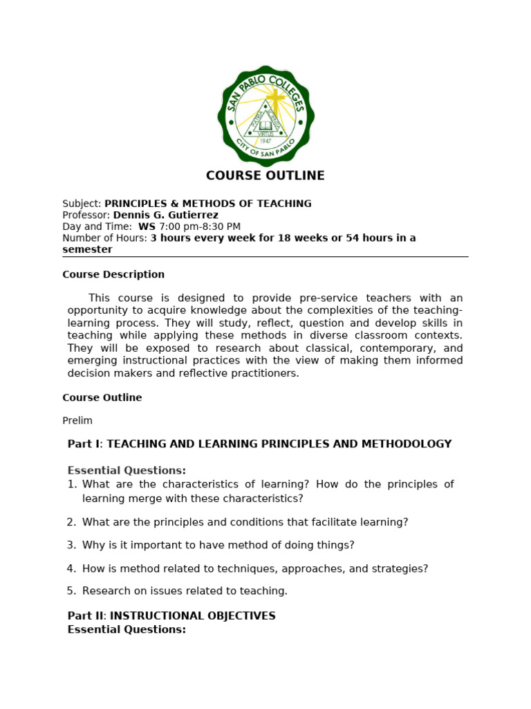 Course Outline in Principles & Methods of Teaching | PDF | Educational ...