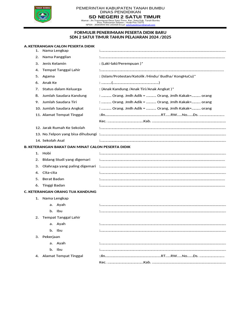 BARU FORMULIR PENERIMAAN MURID BARU BARU 2023 | PDF