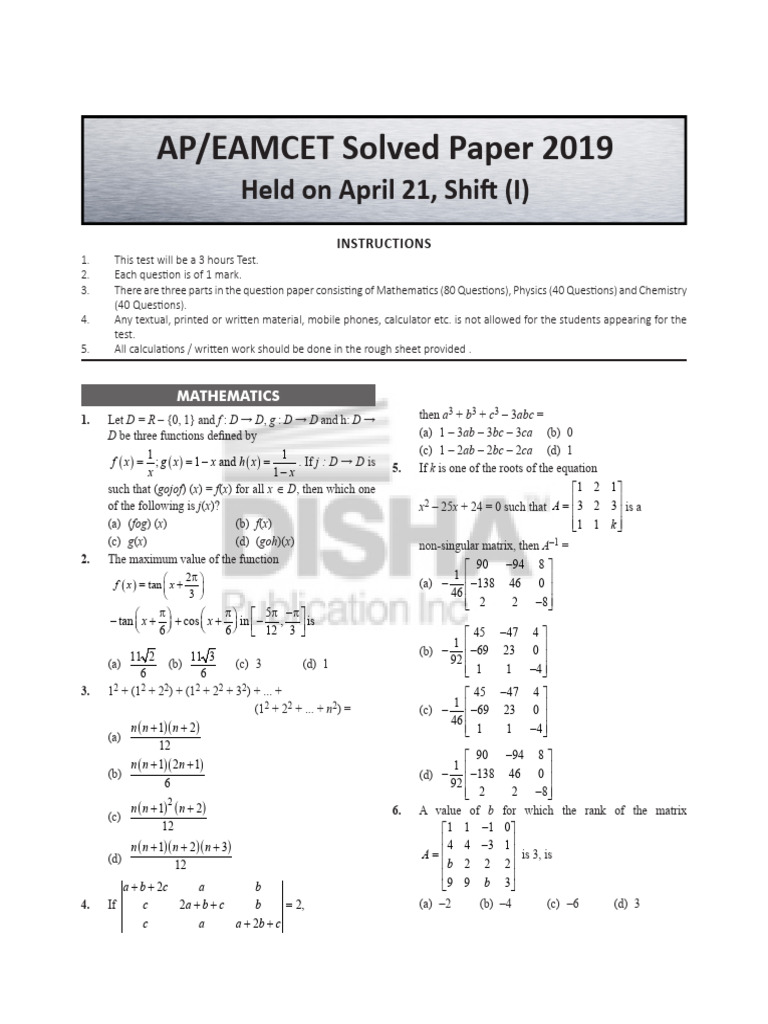 AP Eamcet Solved Paper 2019 | PDF | Euclidean Geometry | Elementary ...