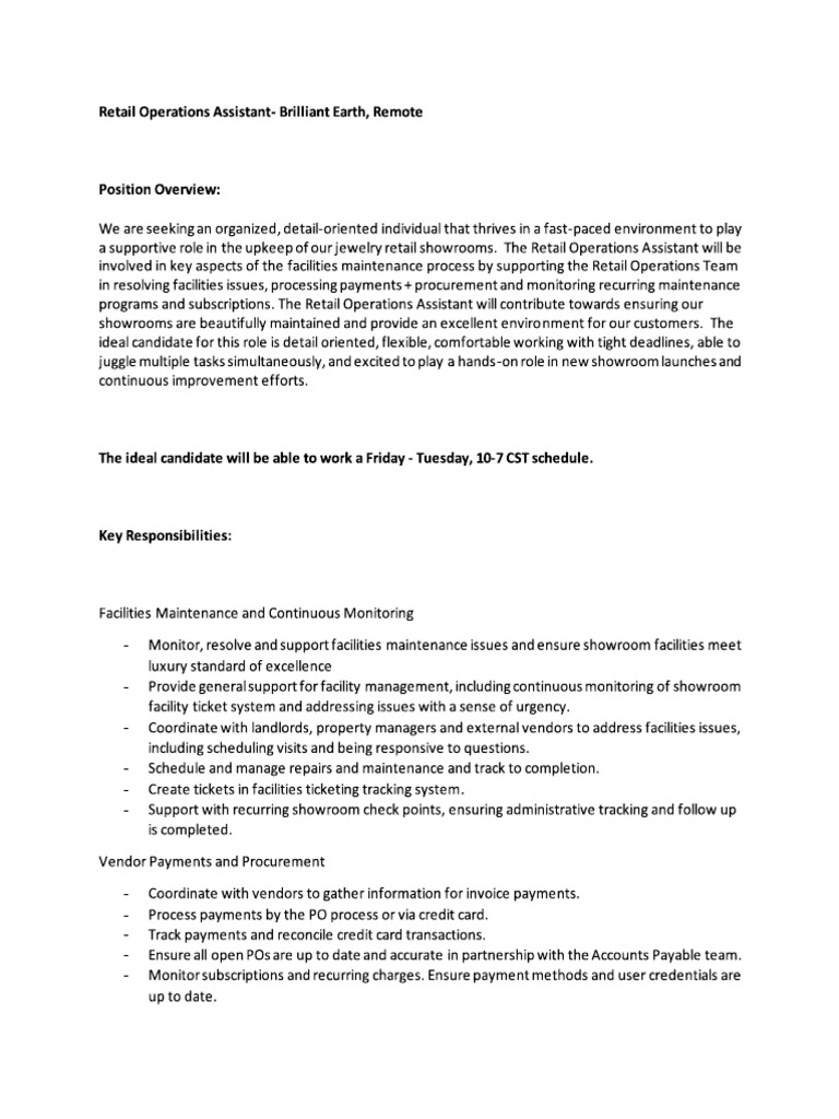 Retail Operations Assistant Job Description | PDF
