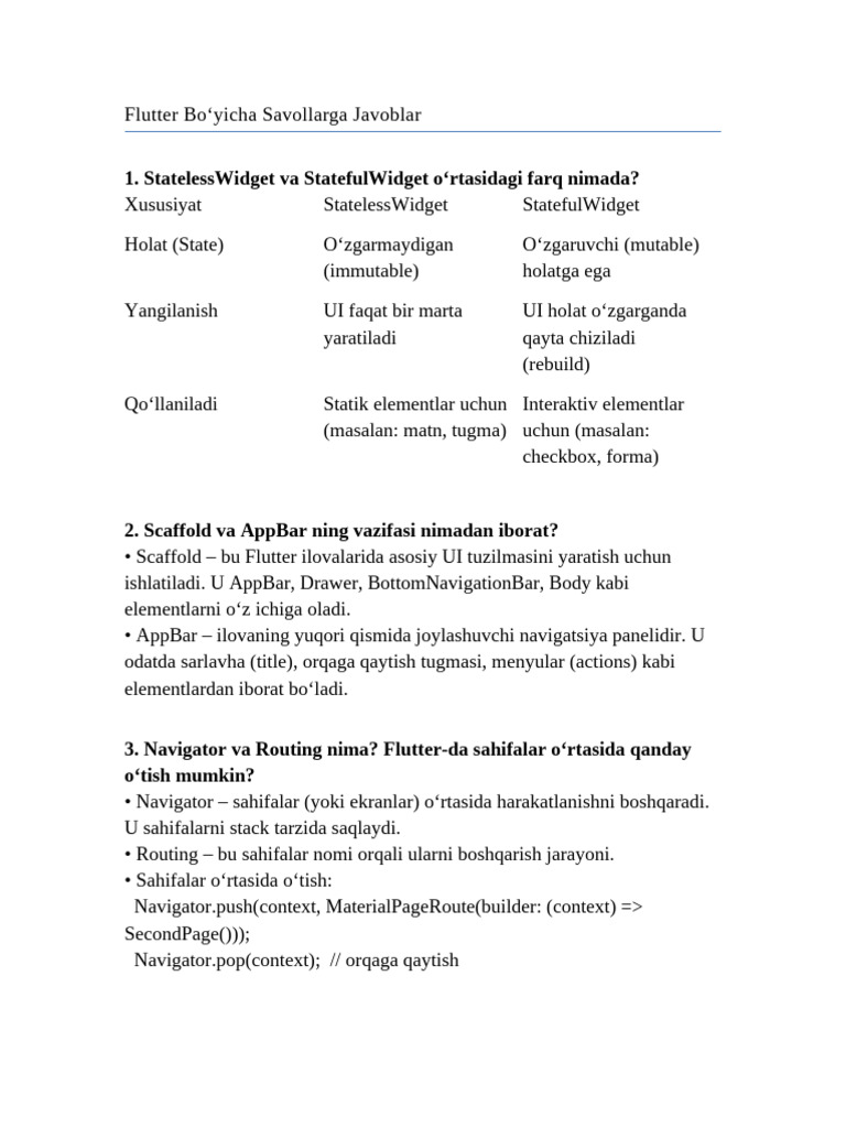 Flutter Savollarga Javoblar | PDF