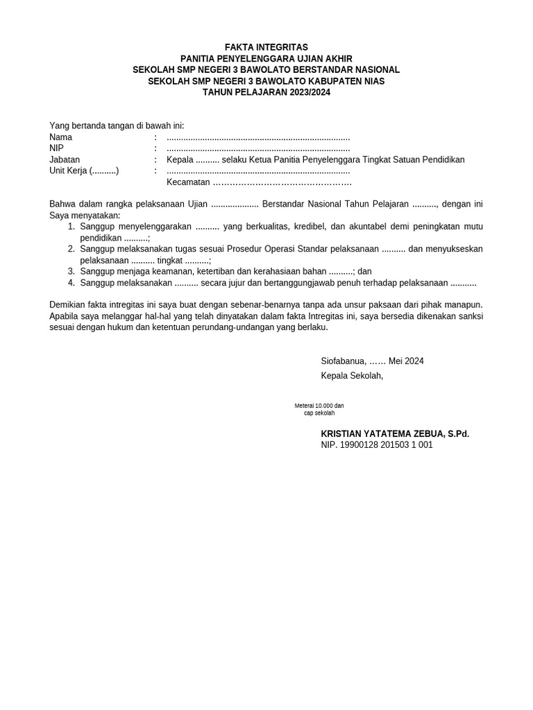 PAKTA INTEGRITAS PENGAWAS US | PDF