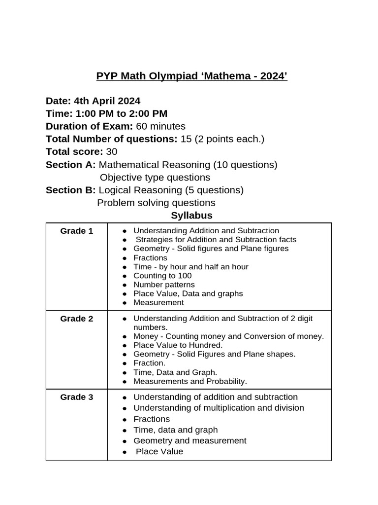 PYP Math Olympiad Mathema - 2023' | PDF | Shape | Numbers