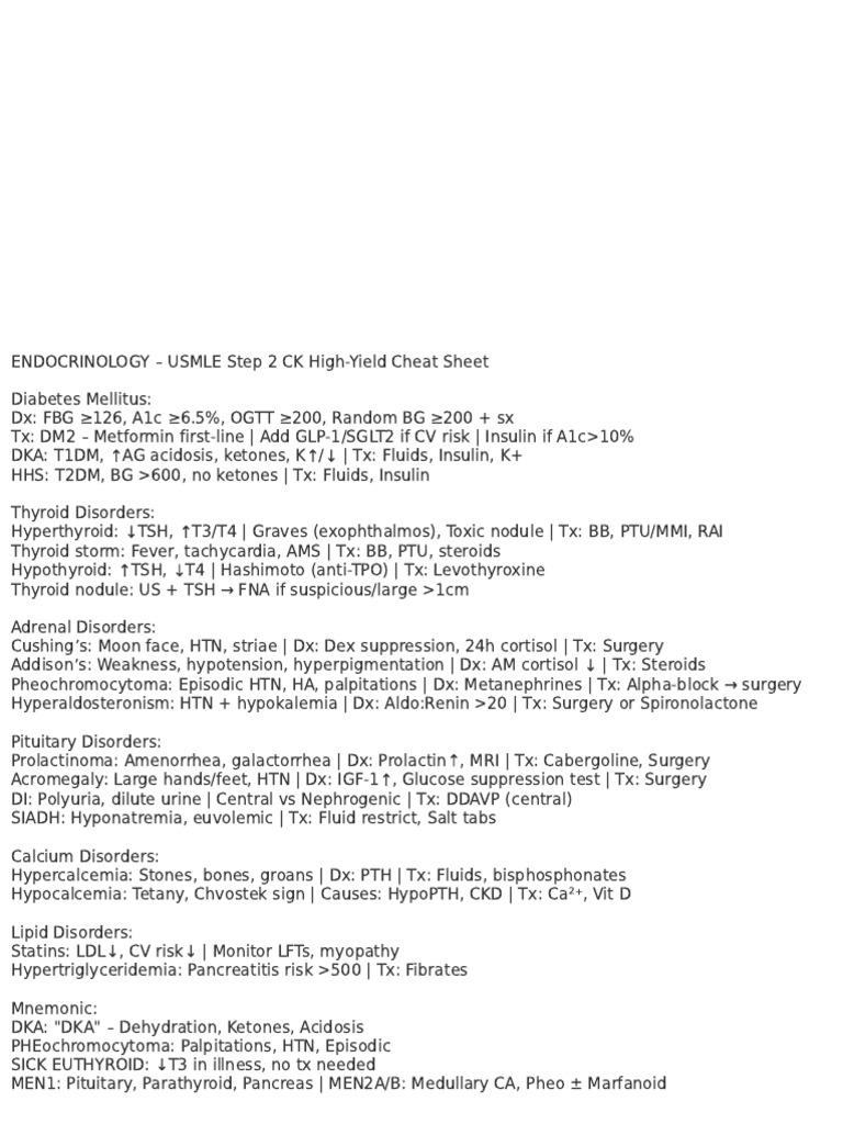 Endocrinology Cheat Sheet USMLE | PDF