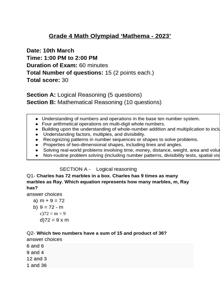 GRADE 4 - MATH OLYMPIAD 2023 | PDF | Mathematics