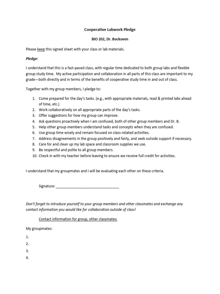 Cooperative Labwork Pledge | PDF
