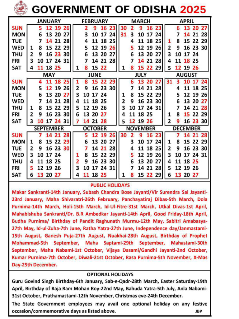 Odisha Govt Calendar 2025 | PDF