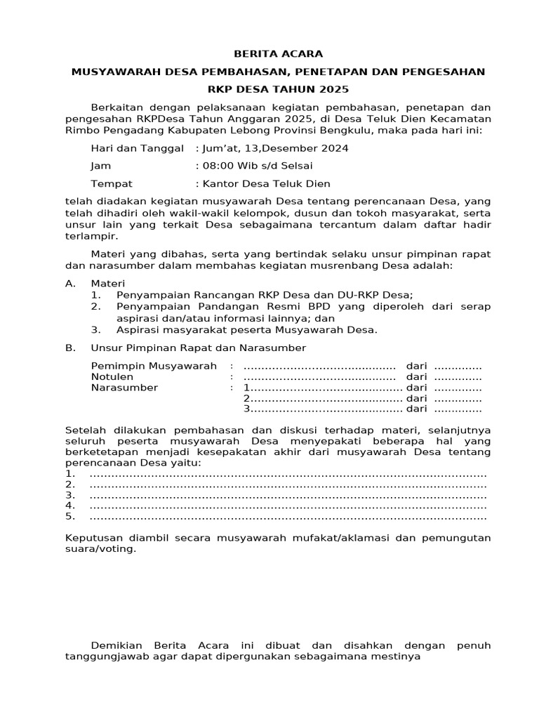 17 Edit_Format Berita Acara, Notulensi, dan Daftar Hadir Musrenbang Desa RKP Desa (BPD) | PDF