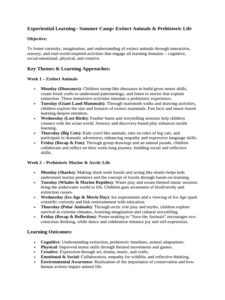 Summer Camp Lesson Plan: Extinct Animals | PDF | Learning | Extinction