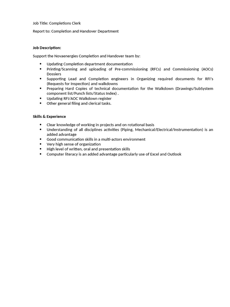 Job Description - Completions Clerk | PDF