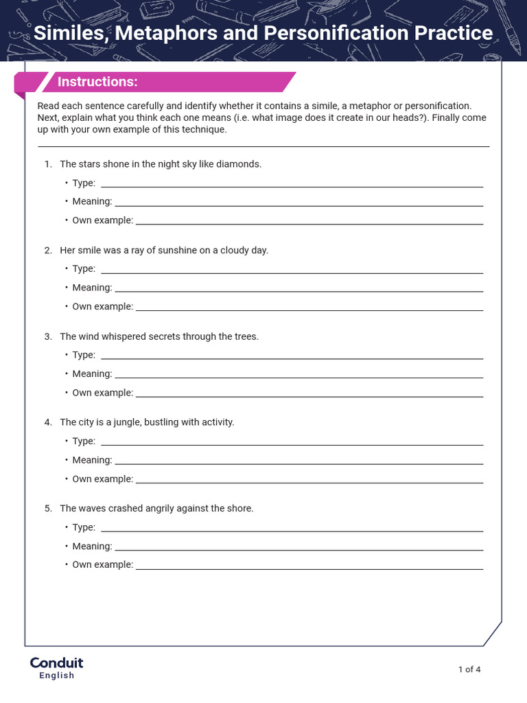 Similes Metaphors and Personification Practice - Ver - 1 | PDF
