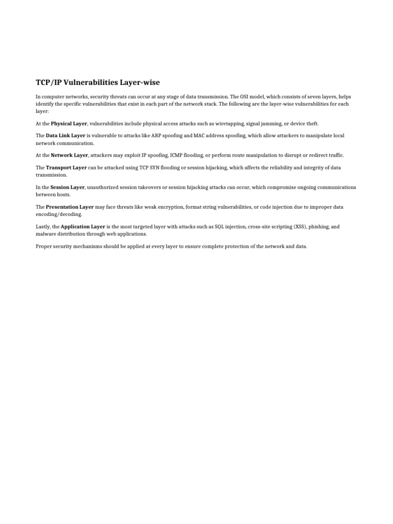 TCPIP Vulnerabilities OSI 7 Layers | PDF