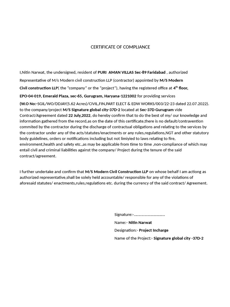 Contractor Compliance Confirmation | PDF