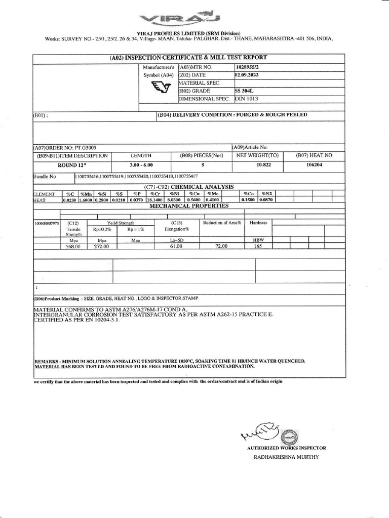 Mill Certificate SS304 12in VIRAJ | PDF