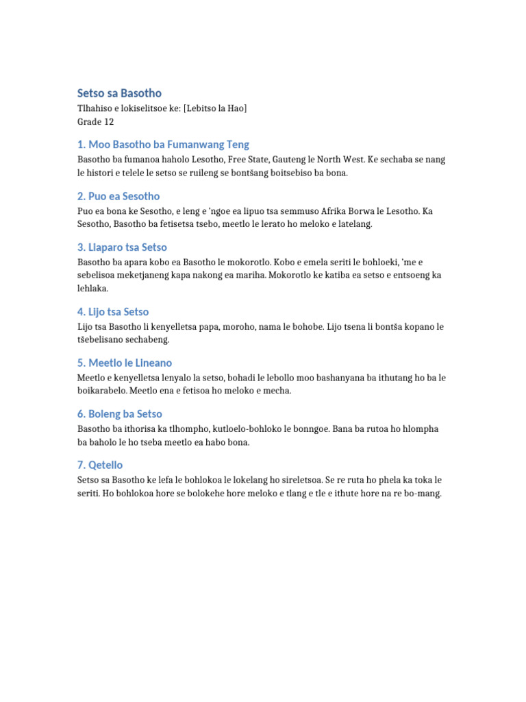 Tlhahiso Setso Sa Basotho Grade12 | PDF