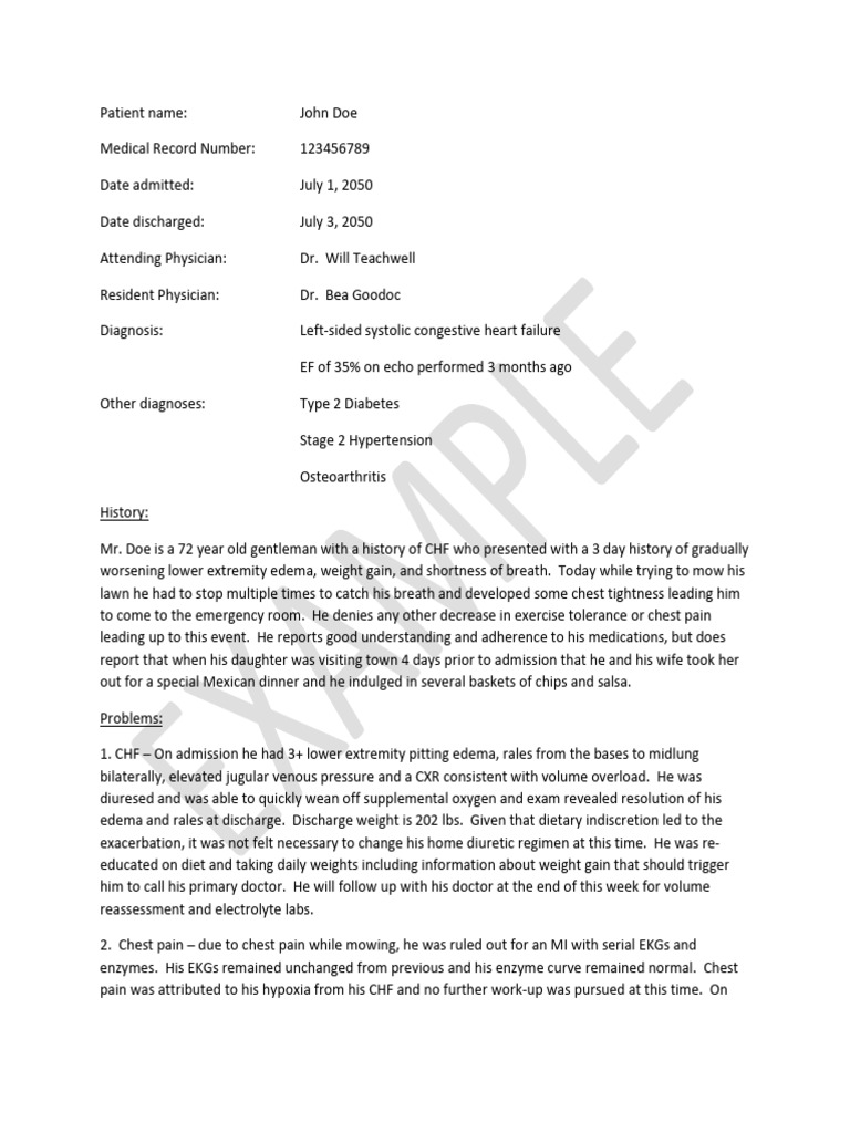 Discharge Summary Examples | PDF | Heart Failure | Cardiovascular System
