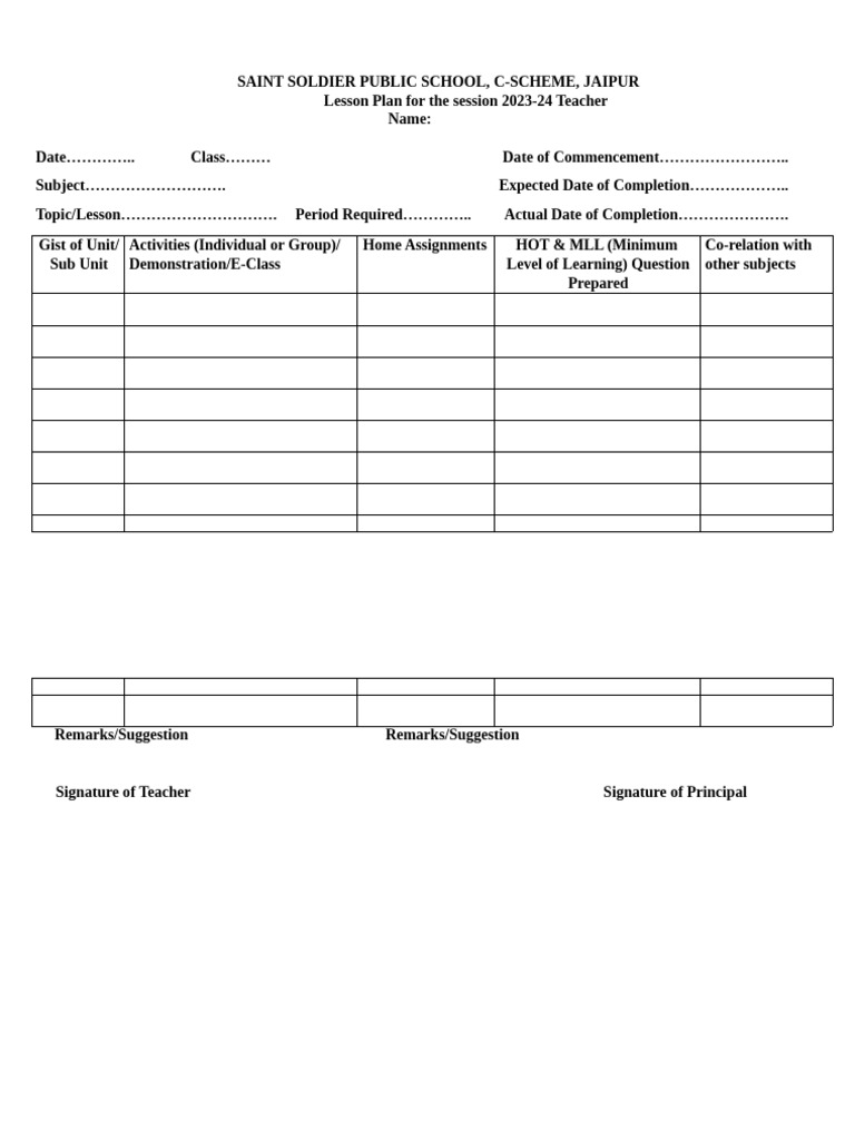 Lesson Plan Class IX To XII | PDF