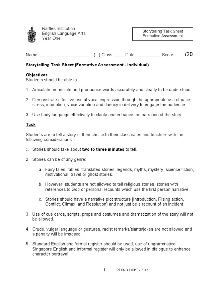 Storytelling Task Sheet (Formative) | Storytelling | Educational Assessment