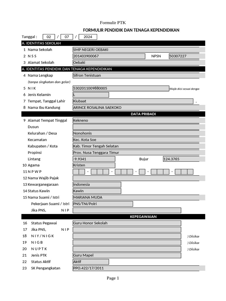 Formulir Data PTK SMP Negeri Oebaki | PDF