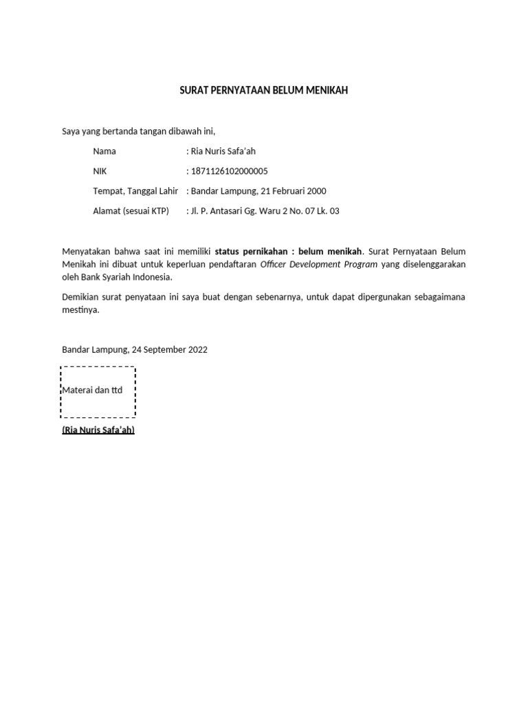 Template Surat Keterangan Belum Menikah BSI | PDF