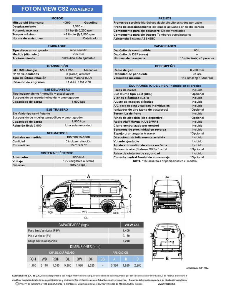 Ficha Técnica Foton View CS2 Pasajeros | PDF | Estilos de carrocería | Tecnología de vehículos