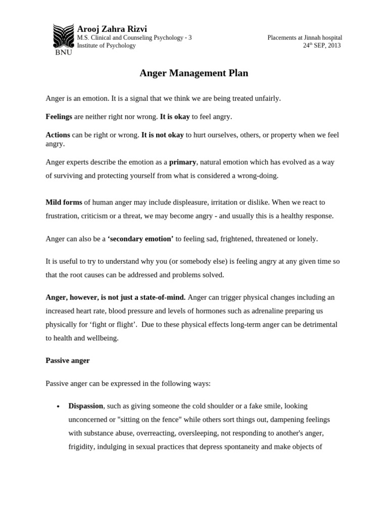 Anger Management Plan | PDF | Anger | Breathing
