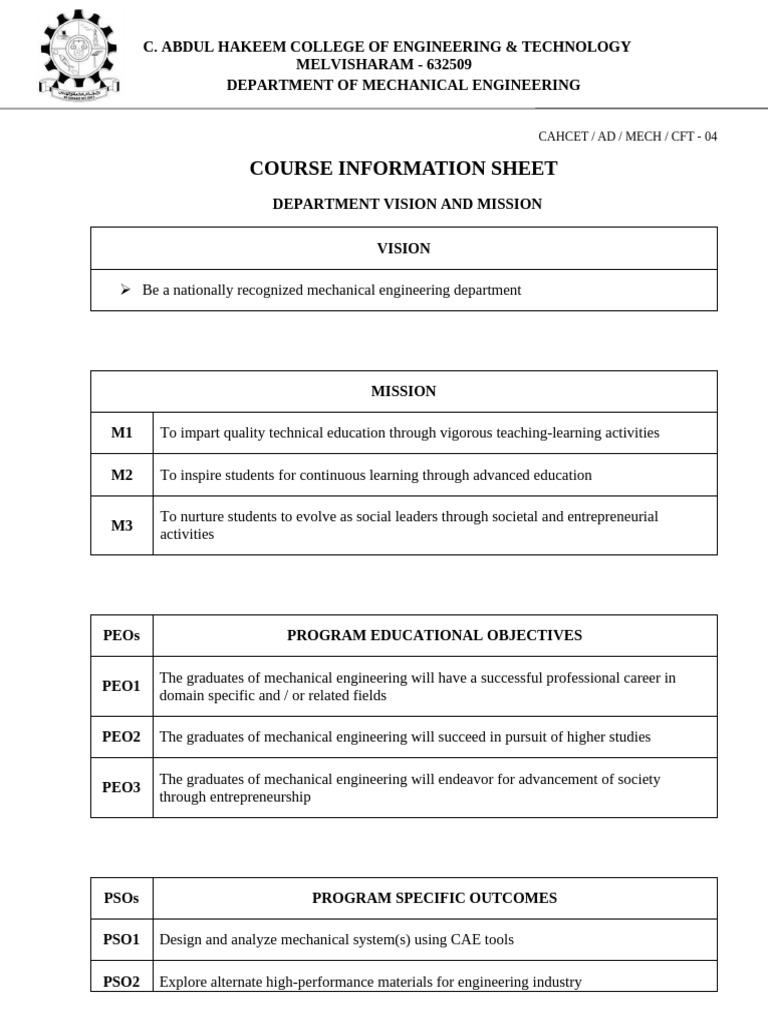 4 Course Information Sheet Theory | PDF | Engineering | Knowledge