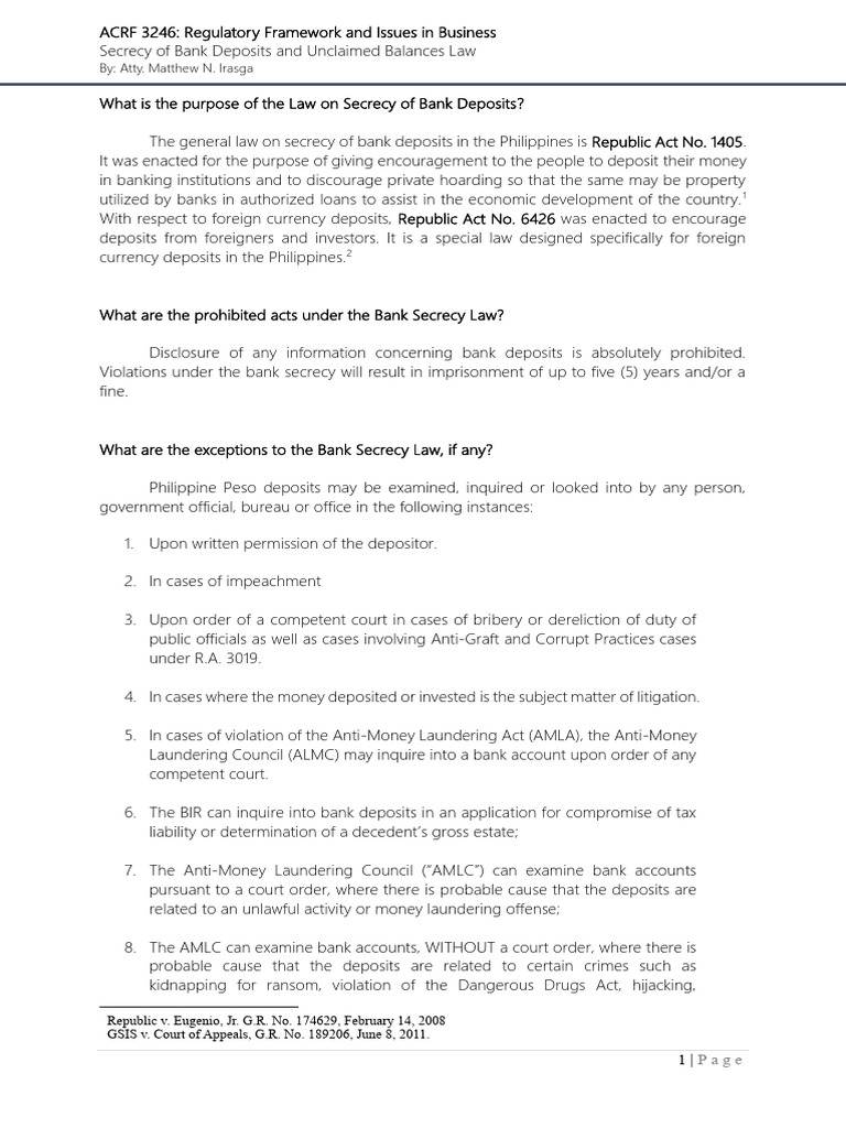Secrecy of Bank Accounts and Unclaimed Balances | PDF | Banks | Money