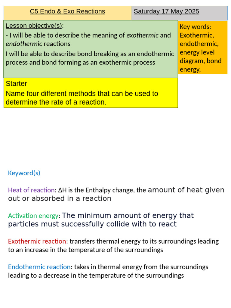 C5 Exothermic and Endothermic Reactions | PDF | Chemical Reactions ...