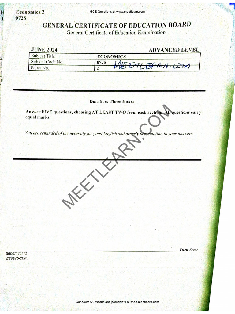 GCE A Level 2024 MeetLearn Economics Paper 2 | PDF