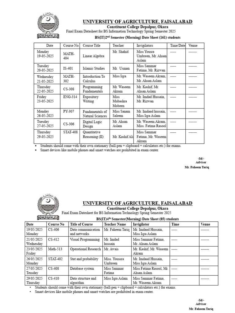 Final Date Sheet BSIT 2nd and 4th | PDF | Mathematics