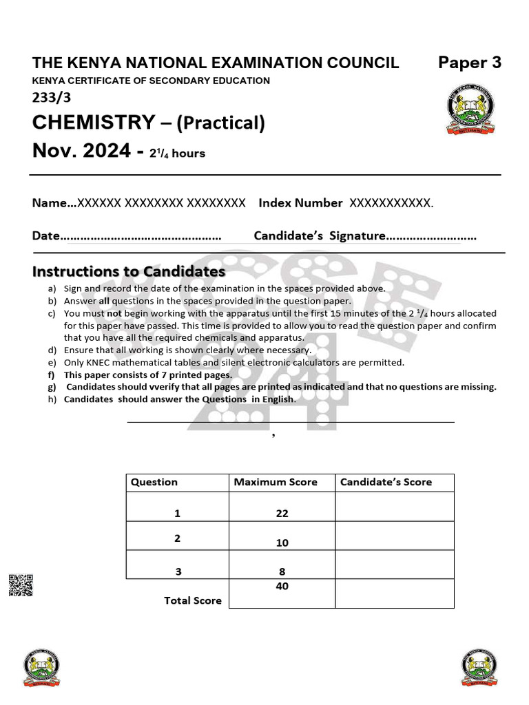 KCSE 2024 Chemistry Practical Exam | PDF | Titration | Chemistry